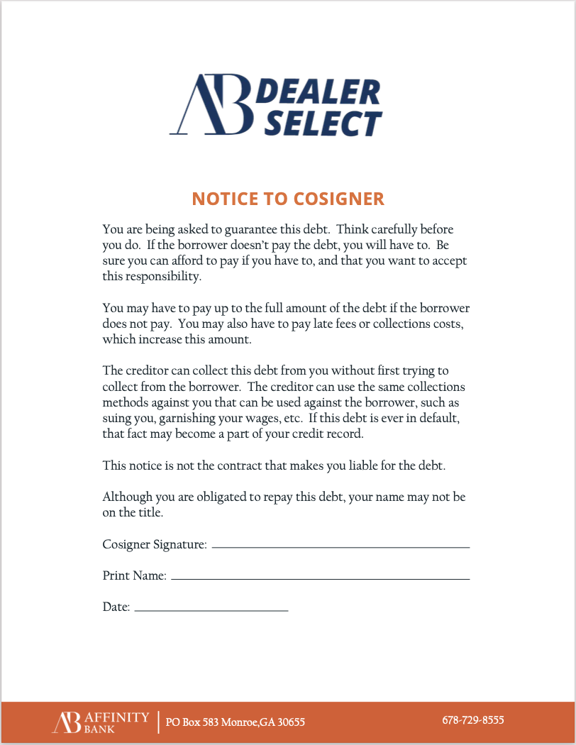 Dealer Support – Affinity Bank